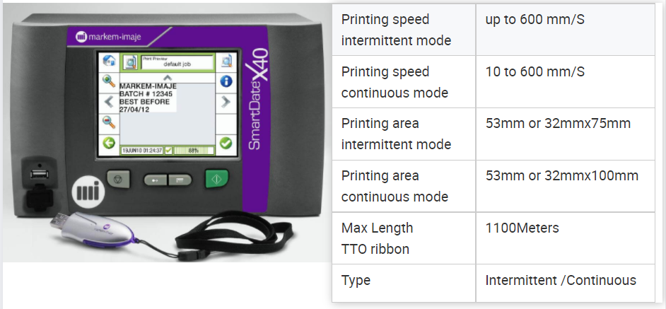 SmartDate Markem X40 intermittent TTO Printer with 53mm Printhead